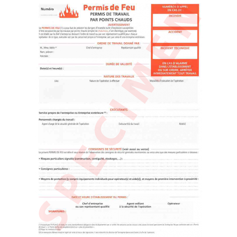 Carnet de permis de feu par 50 - France-Sélection